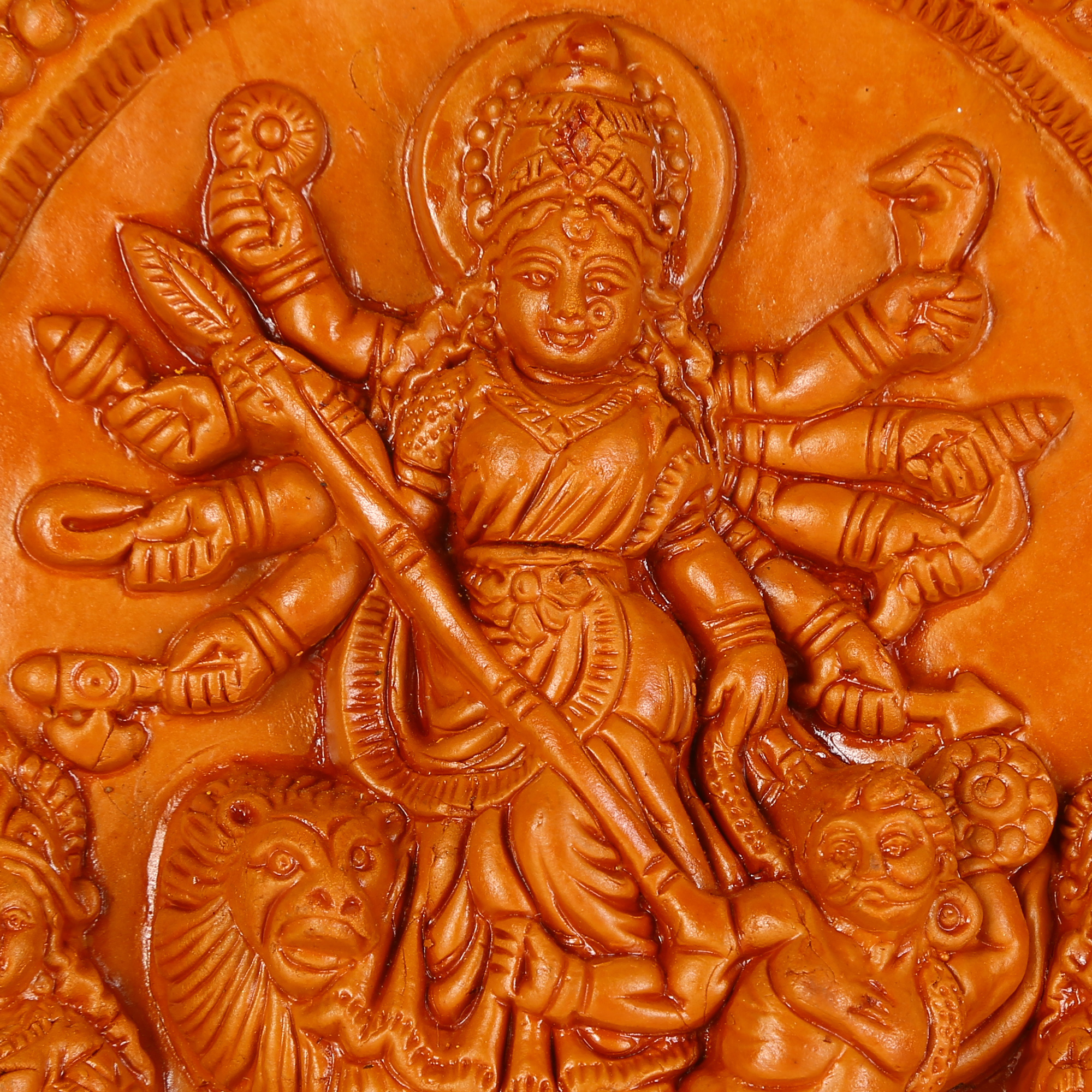 Handmade Terracotta Maa Durga Idol with Family, Lion & Asura